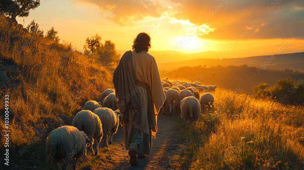Jesus guiding his flock of sheep down a winding path at dusk, the ...