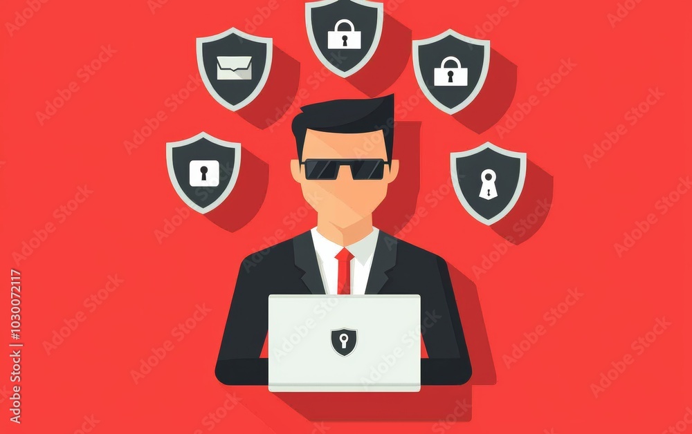 An office worker typing on a computer, while layers of digital security ...