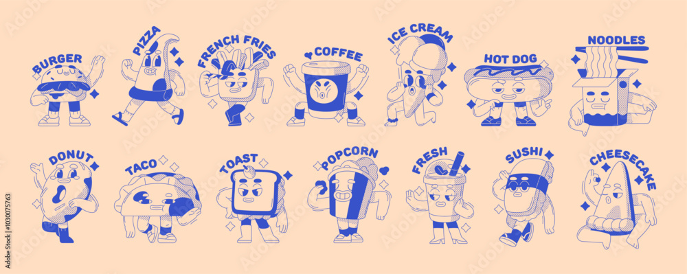 Set of fast food stickers in groovy style. Different retro fastfood ...