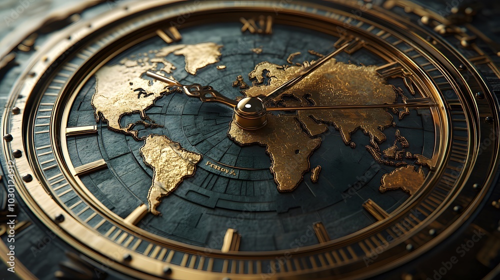 World Time Clock Face with Gold and Black Design - Time, Global, Clock ...