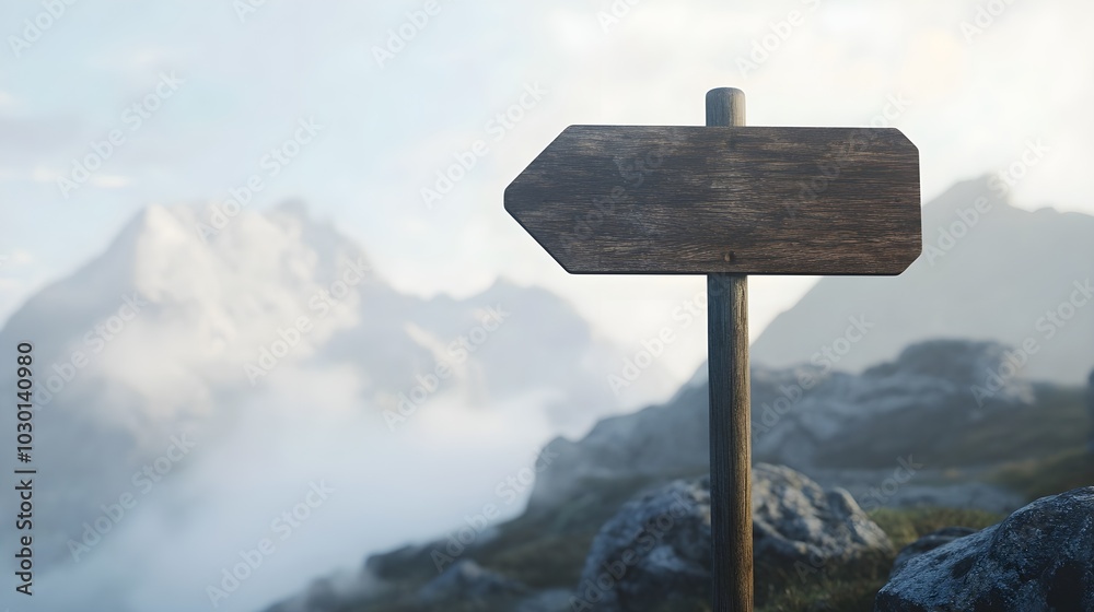 Wooden sign post isolated on village path with white clouds and ...