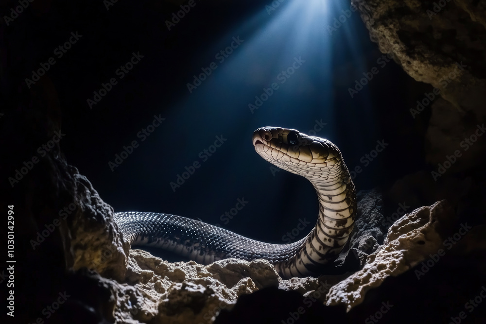 Venomous snake striking out of a dark cave, illuminated by a single ray ...