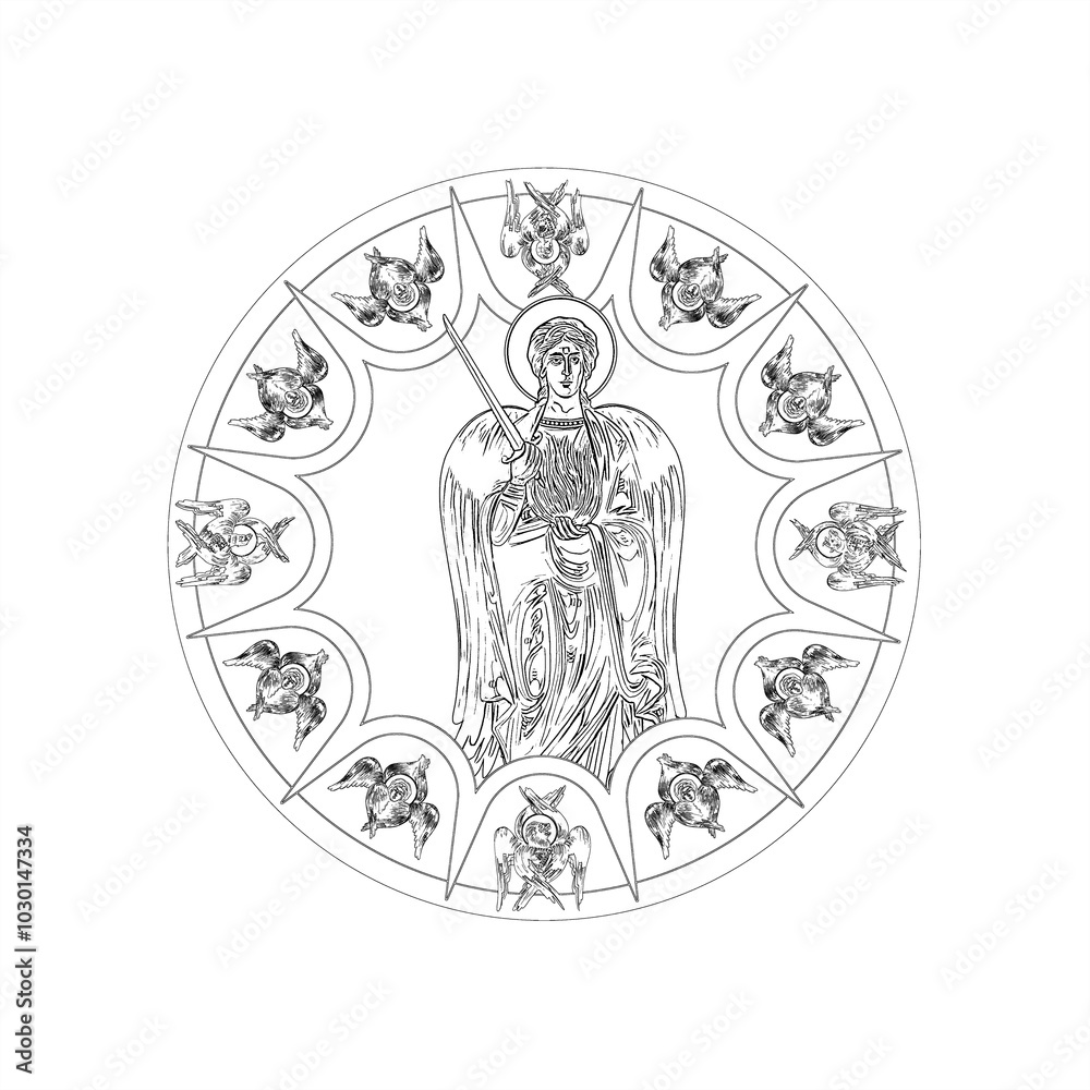Archangel Uriel sky round dome with 4 apostles and seraphim. Coloring ...