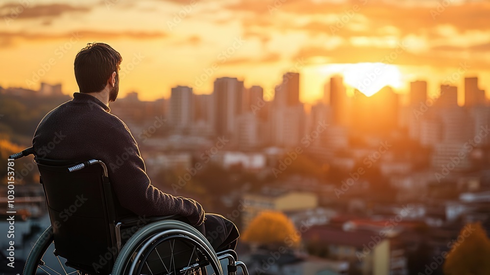 Man in wheelchair overlooking a vibrant city skyline at sunset ...