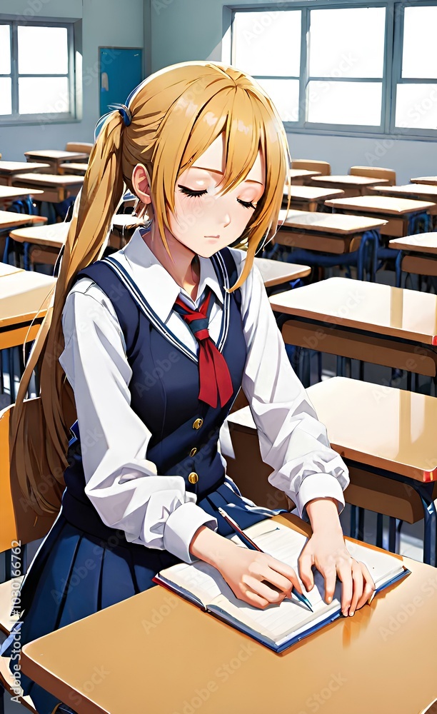 school uniform anime girl sleeping in empty classroom. の Stock イラスト ...