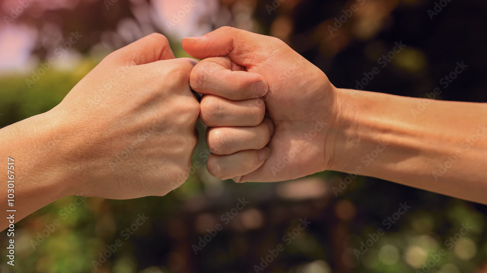 Deal of teamwork with the Man hand a fist bump commit as get together ...