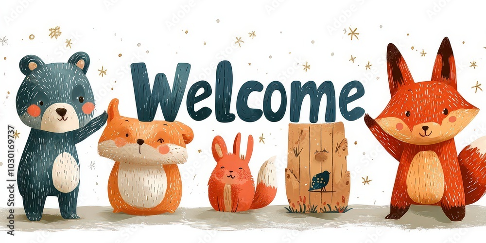 Cheerful forest animals welcome you with smiles, holding a "Welcome ...