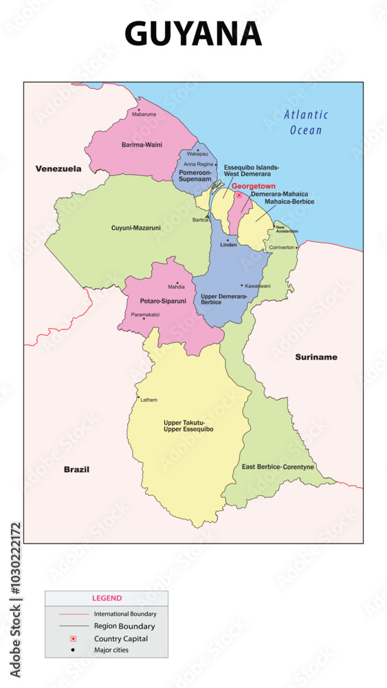Guyana Map. State and union territories of Guyana with neighbouring countries. Political map of ...