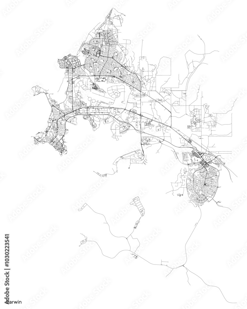Darwin city map with roads and streets, Australia. Vector outline ...