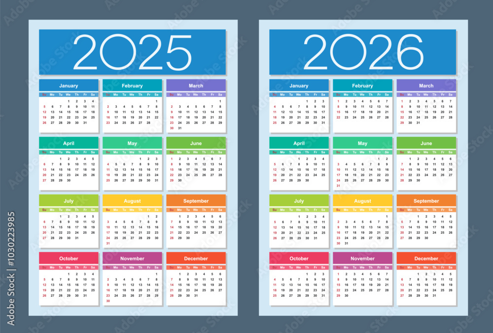 Colorful calendar for 2025, 2026 years. Week starts on Sunday. Vertical ...