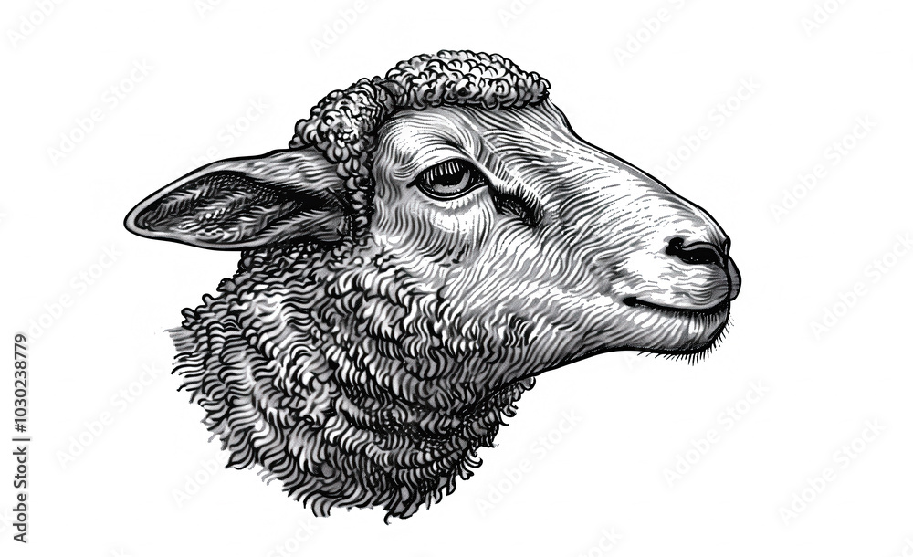 Sheep, lamb. Vintage retro print, black white sheep lamb sketch ink ...