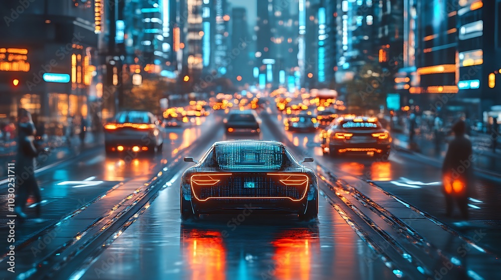 A futuristic city with autonomous vehicles navigating through traffic ...