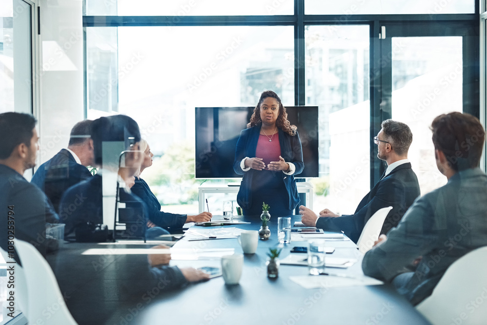 Business woman, presentation and screen in office for app innovation ...