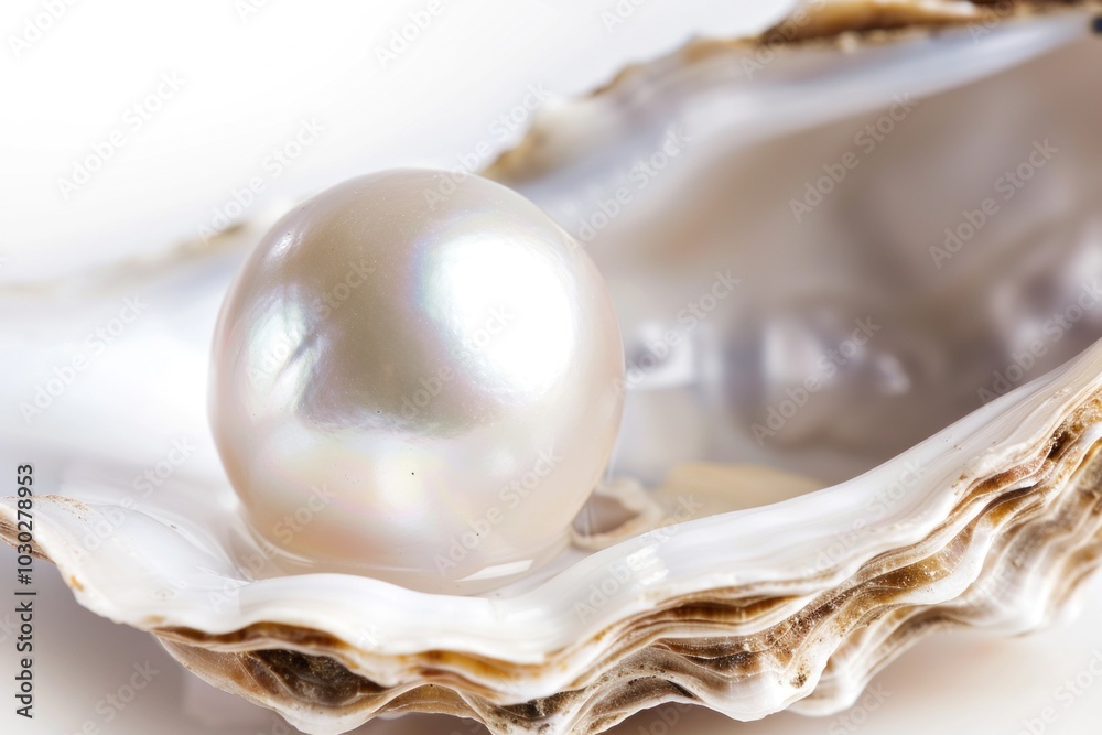 Shiny pearl resting inside an open oyster shell on a white background ...