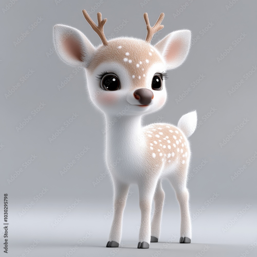 Cute cartoon baby deer with small antlers and white spots stands in a ...