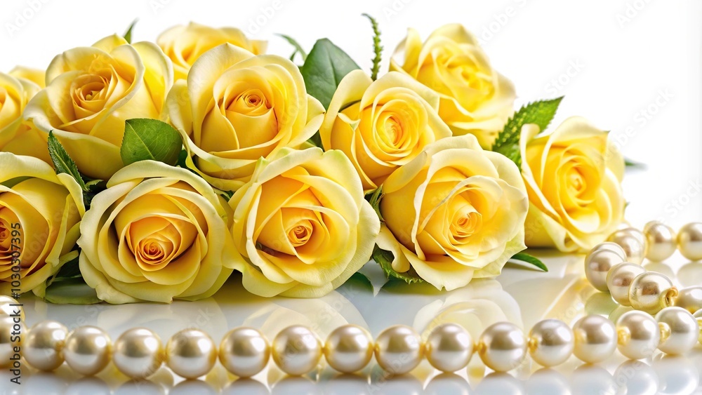 Yellow roses bouquet and pearls on white background, symmetrical Stock ...