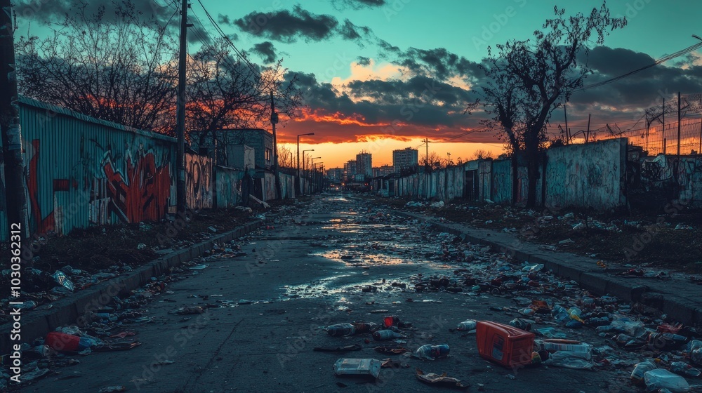 Ilustración de Stock Graffiti-covered walls line a street. This photo ...