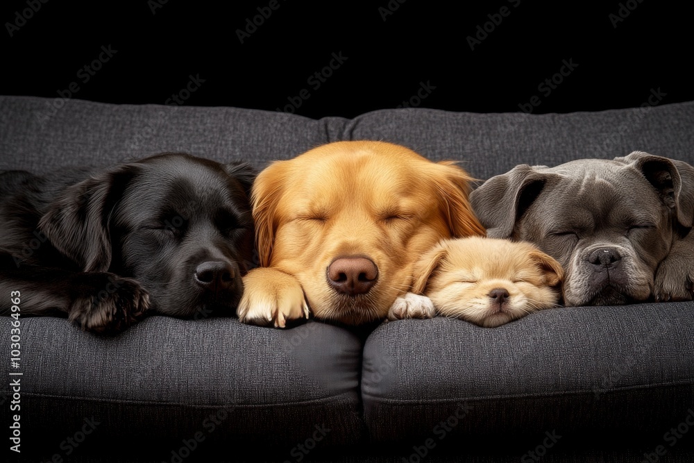 Two dogs and three puppies sleeping together on a couch creating a ...