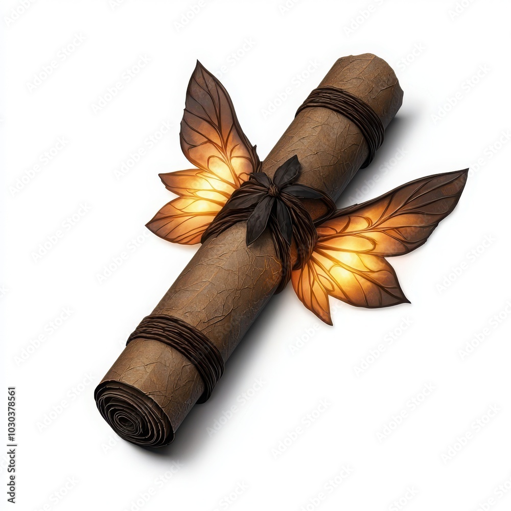 Artistic scroll with glowing butterfly wings, isolated on white ...