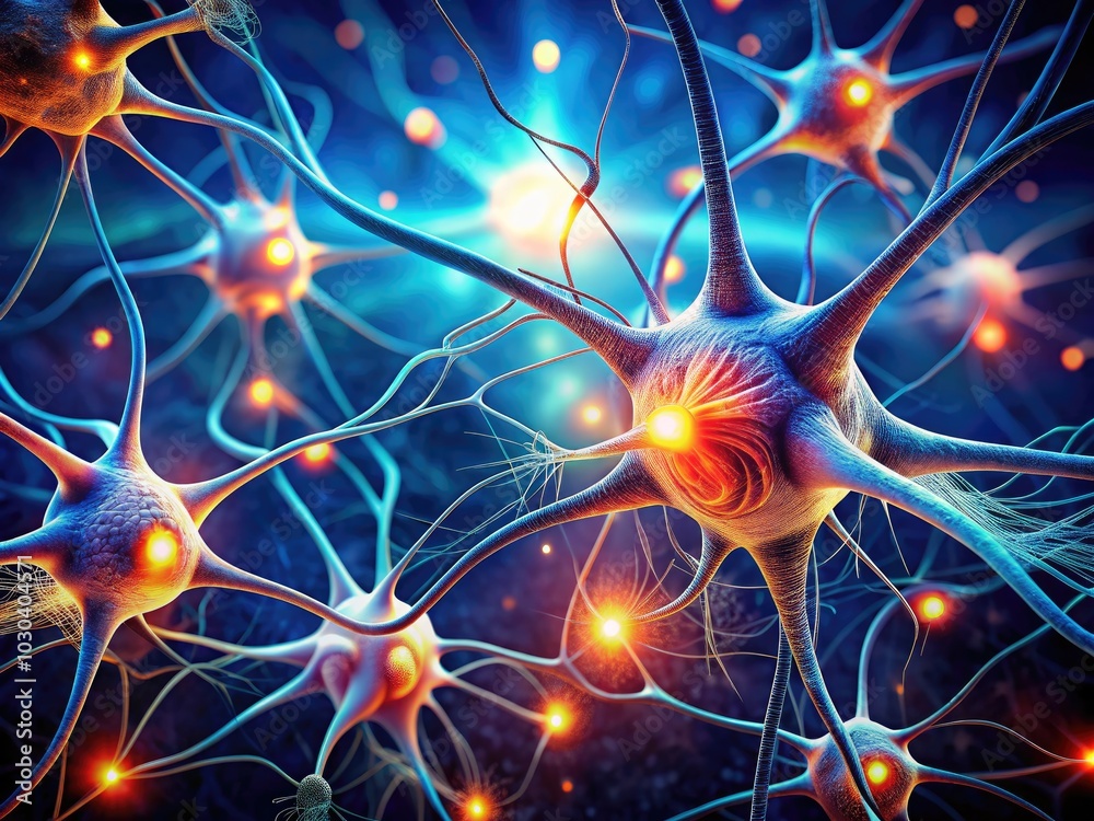 Ilustración de Stock In the digital realm, neural networks and neurons facilitate scientific ...