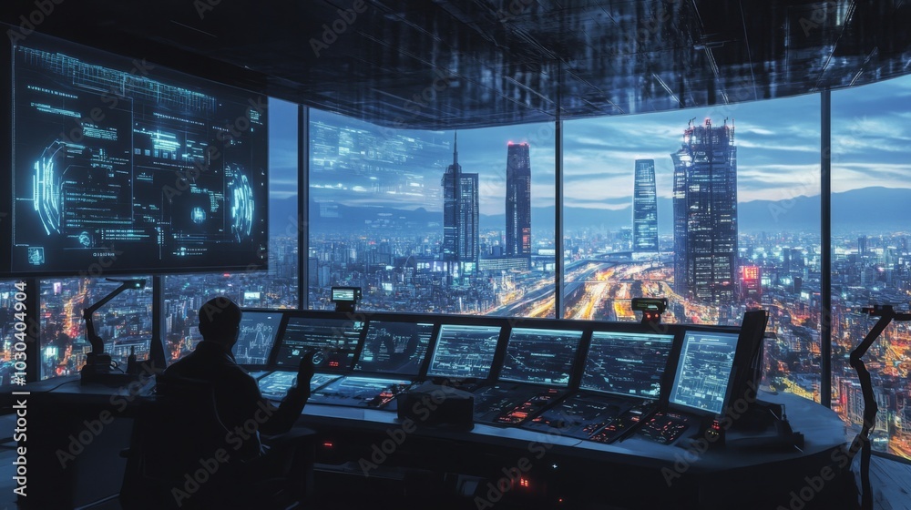 A control room features high-tech screens displaying data while an ...