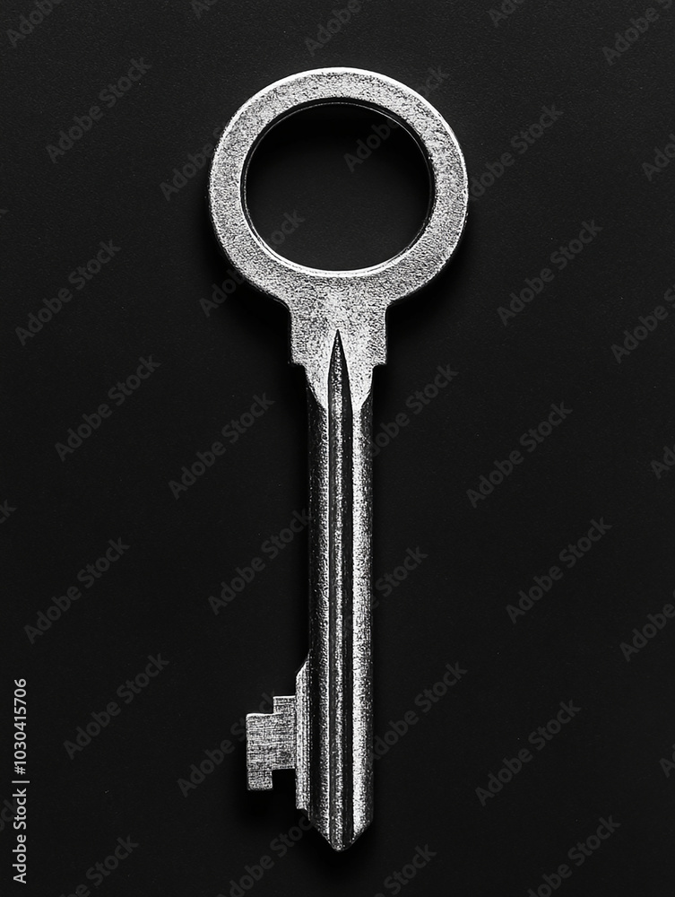 an old key with highly sharp texture, black background, studio ...