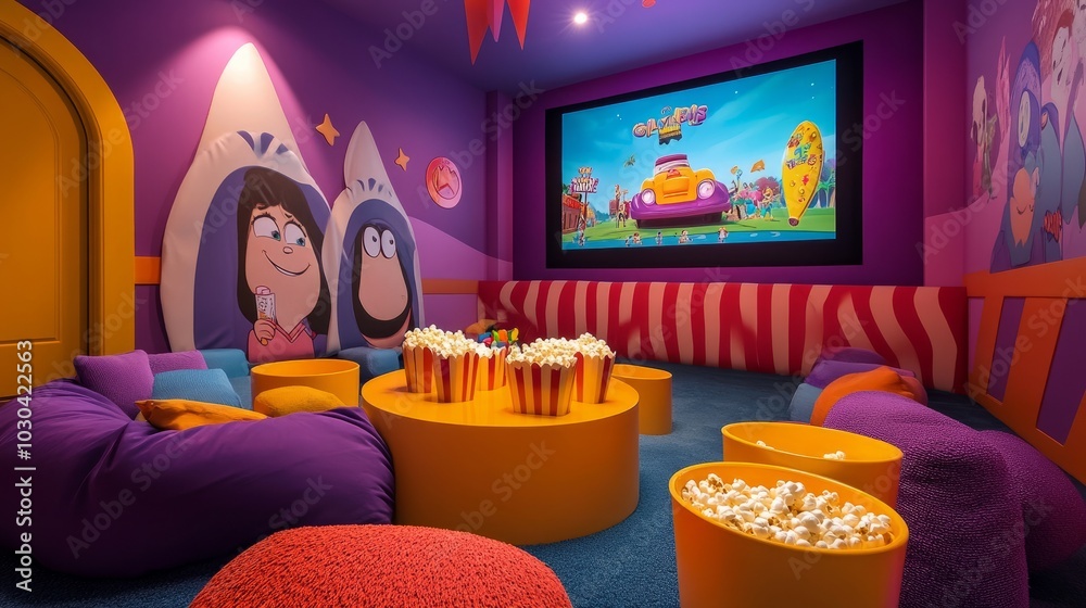 Kid playroom transformed into a fun cinema room with colorful seating ...