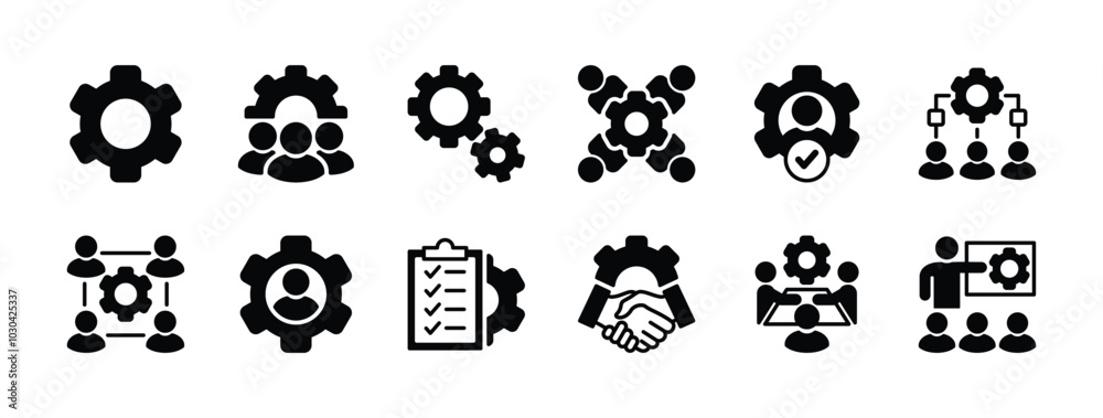 Business settings flat icon set. Gear or cog option. Containing ...