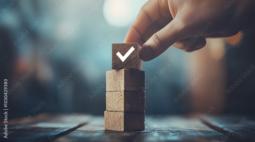 Hand Placing Wooden Block with Check Mark Symbol on Stack of Wooden ...