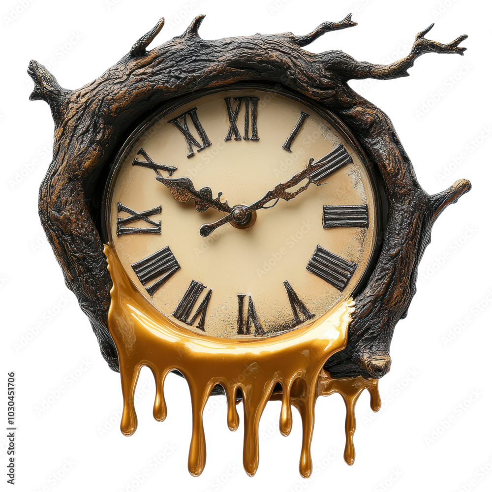 clock melting over a tree branch clipart, surreal element, dripping ...