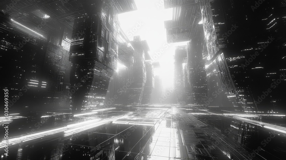 Wide-angle view of a futuristic city with angular buildings and ...