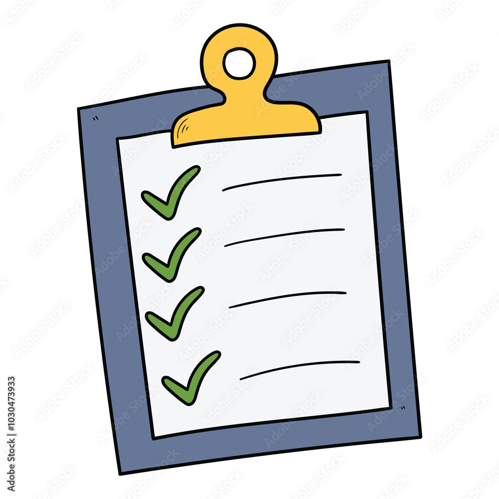 Hand drawn cartoon clipboard with checklist with green check marks on ...