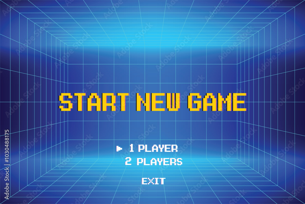 START NEW GAME play .pixel art .8 bit game. retro game. for game assets in vector illustrations ...