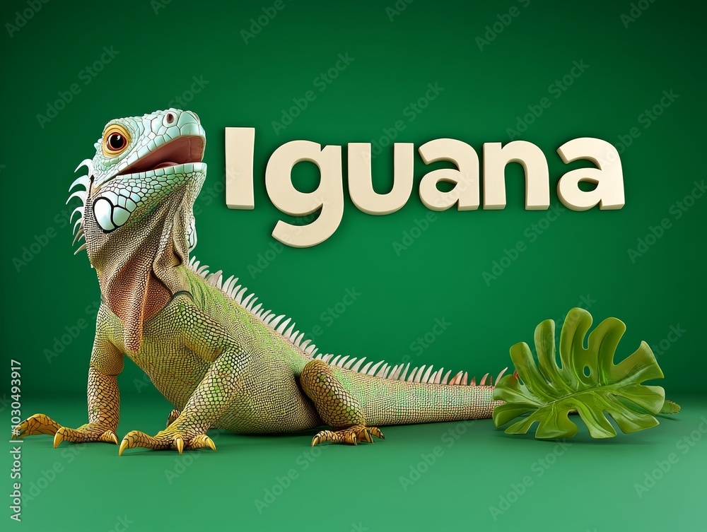 Cute cartoon-style imaginative iguana character with a letter "Iguana ...