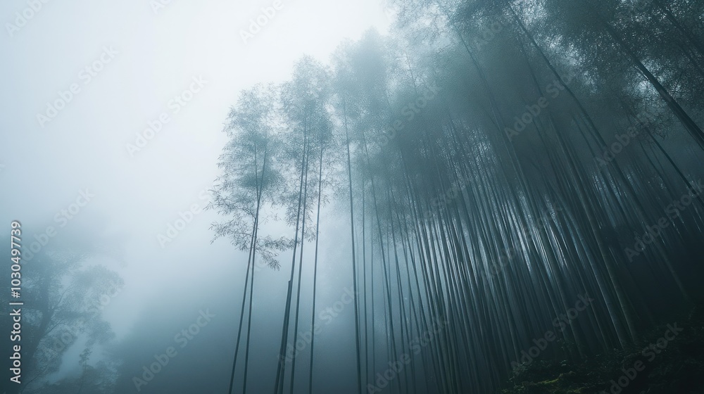 A misty bamboo forest with tall trees shrouded in fog, creating an ethereal atmosphere. Stock ...