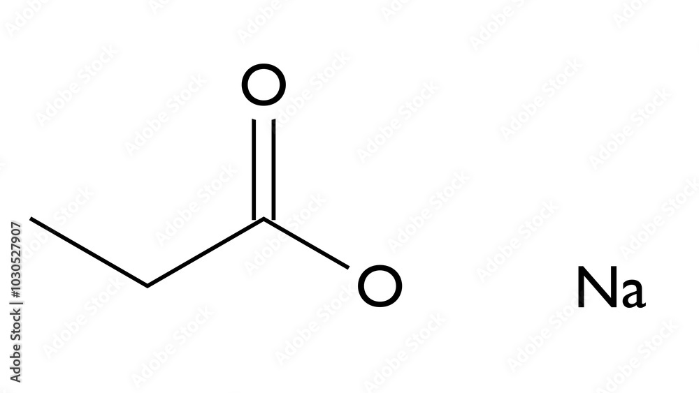 sodium propionate molecule, structural chemical formula, ball-and-stick ...
