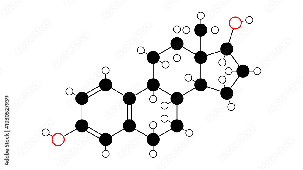 estradiol molecule, structural chemical formula, ball-and-stick model ...