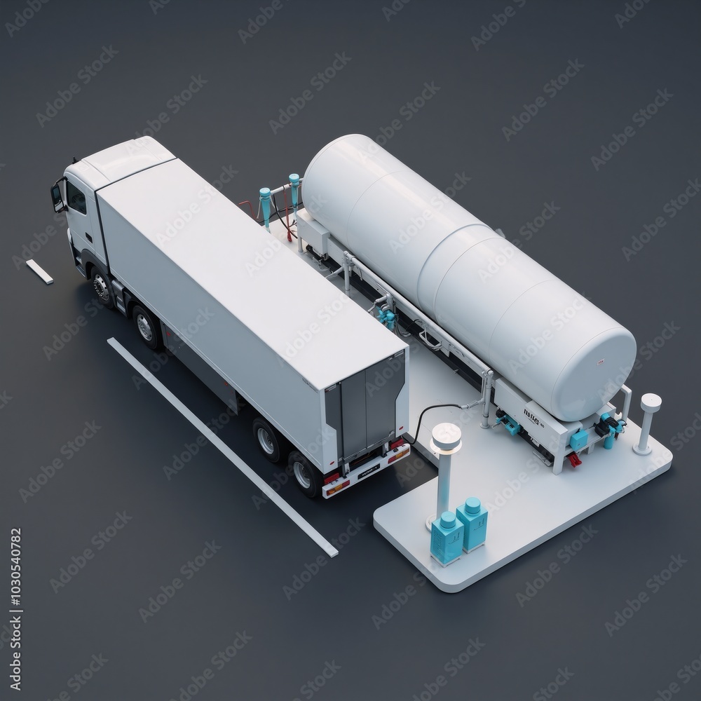 A Fuel Cell Truck is shown refueling at a 3D-rendered hydrogen station ...