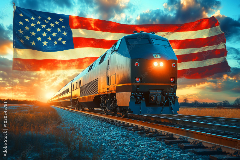 High speed passenger train in motion on the railway station the flag ...