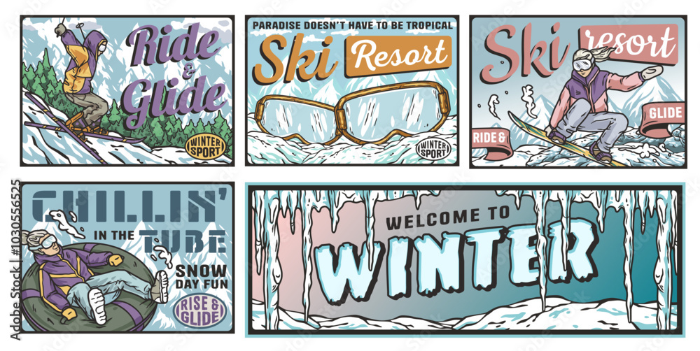 Set of vintage posters showing people snowboarding, skiing and snow ...
