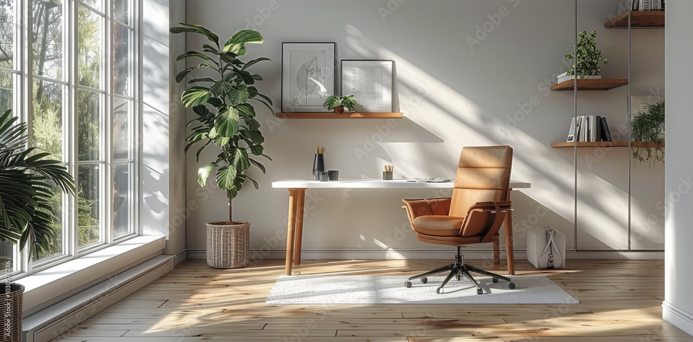 Sleek and minimalist home office setup with a sleek desk, ergonomic ...