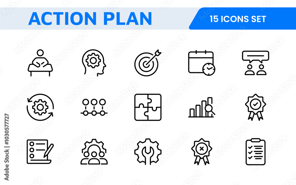 Stock-Vektorgrafik „Line icons about action plan. Contains such icons ...