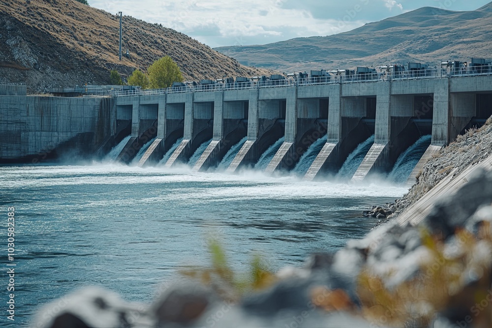 Close-up on hydropower turbine driven by water flow, showcasing ...