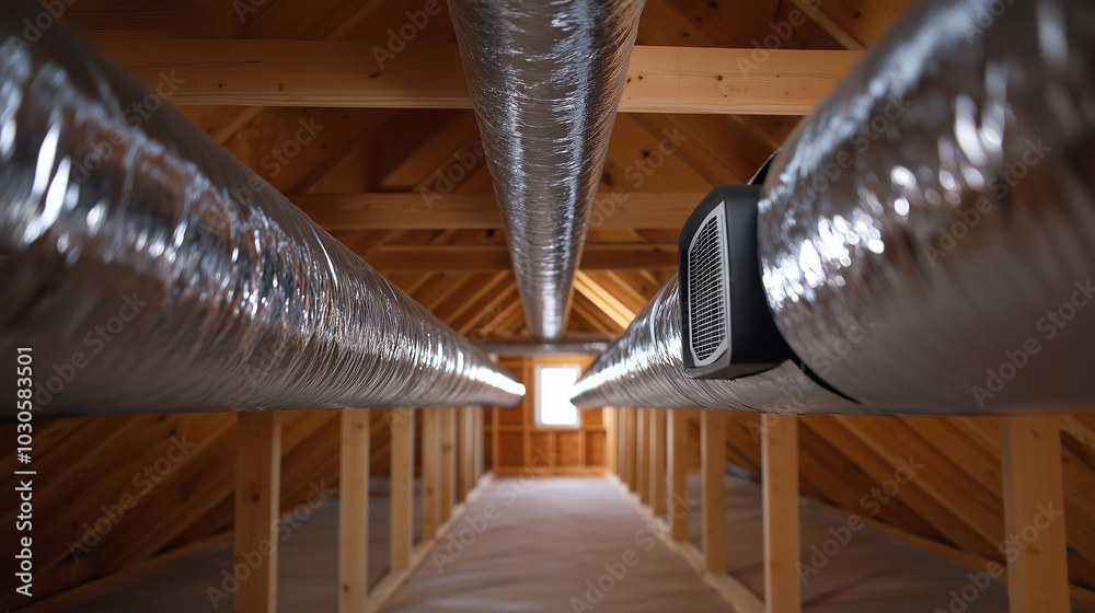 A view of insulated ventilation ductwork with clamps and fasteners in ...