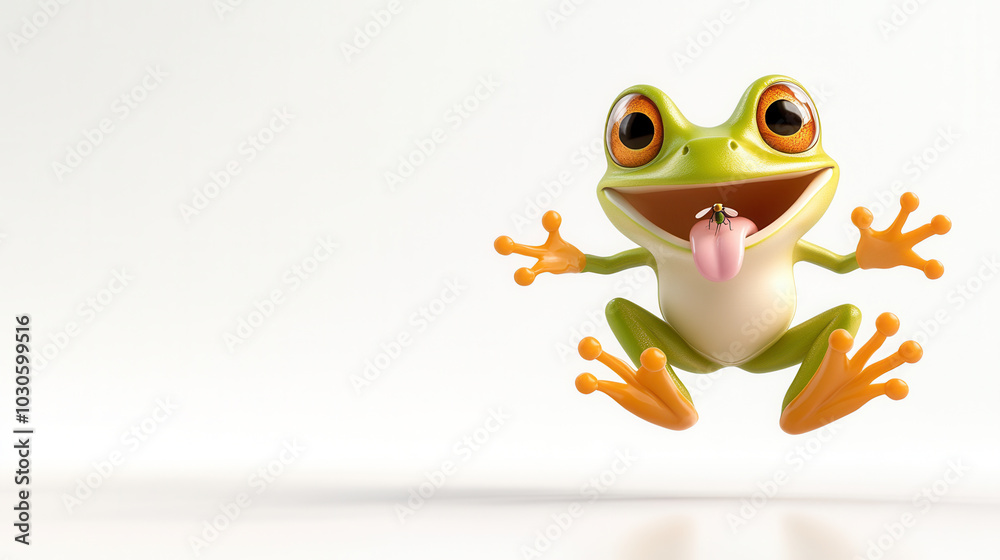 Jumping frog with playful expression, tongue out, ready to catch fly ...