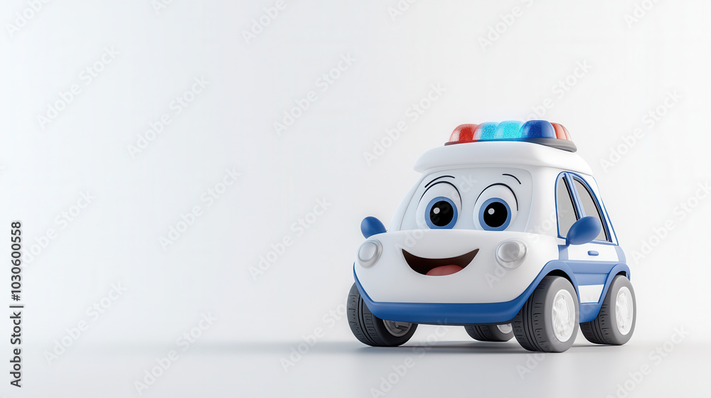 cheerful cartoon style police car with smiling face, featuring bright ...