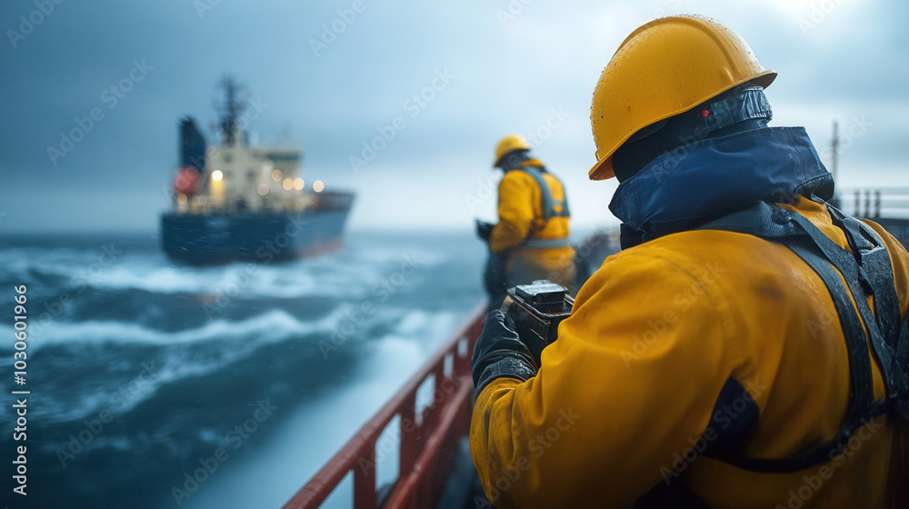 group of sailors in yellow rain gear working on deck of cargo ship ...