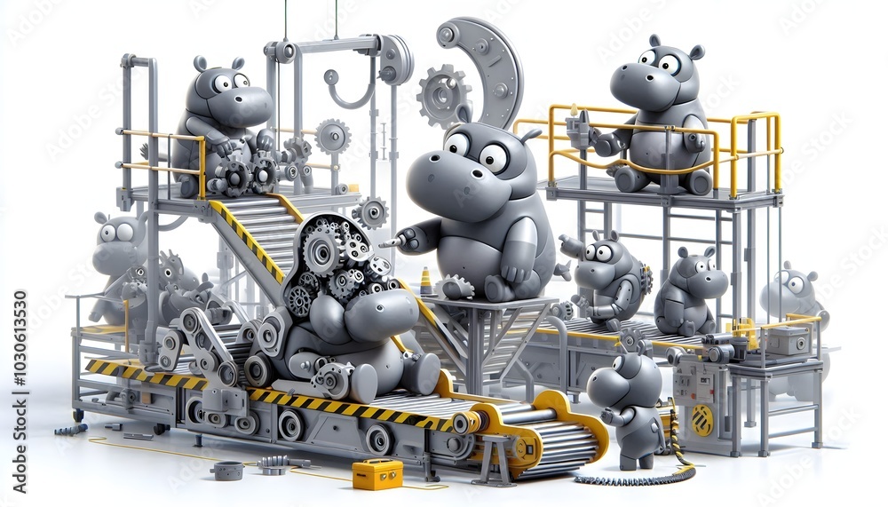 playful factory scene where 3d rendered cartoon hippo robots are being ...