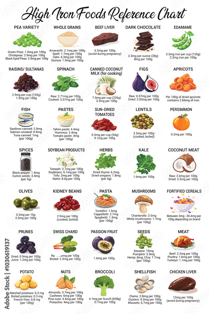 Iron-Rich Foods Reference Chart, Nutrition Healthy Food Poster, High ...
