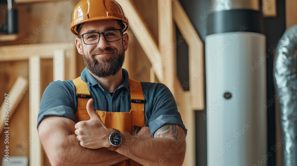 A smiling construction worker gives a thumbs up in a work setting ...